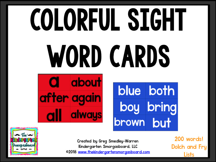 Colorful Sight Word Cards – The Kindergarten Smorgasboard Online Store